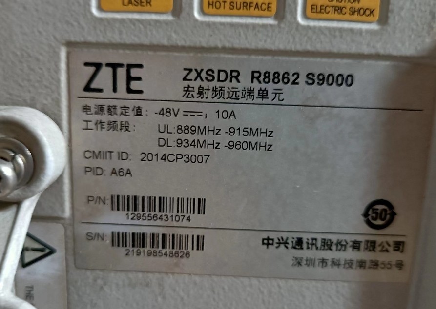 ZTE ZXSDR R8862 S9000 -48V 10A UL:889MHZ-915MHZ DL:934MHZ-960MHZ A6A PN ...
