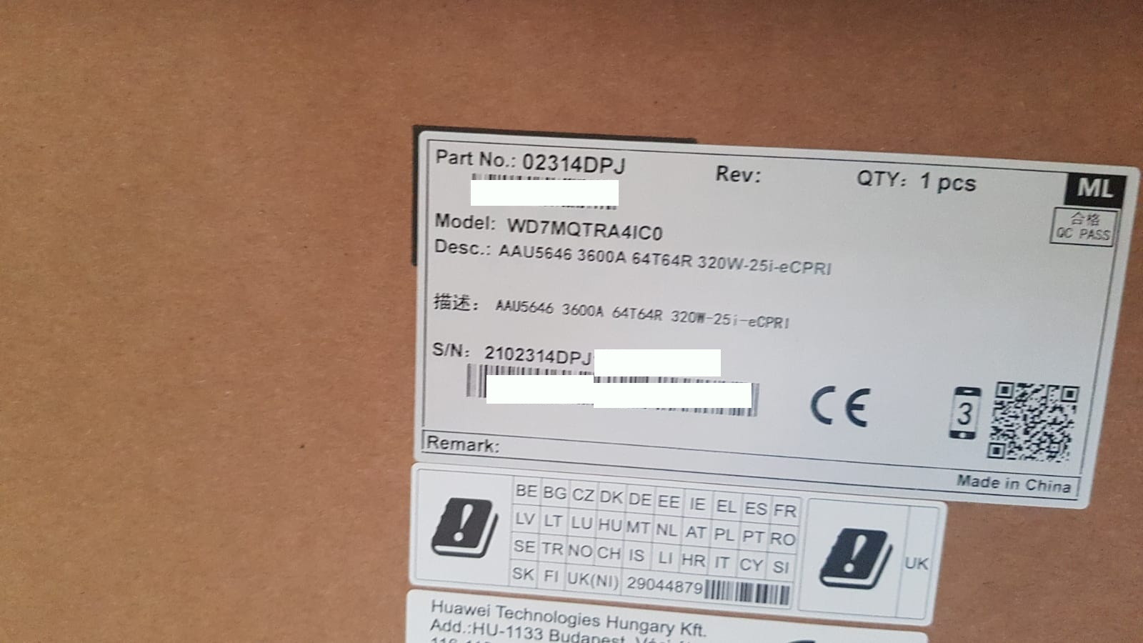 HW AAU5646 3600A 64T64R 320W-25-eCPRI 02314DPJ WD7MQTRA41C0