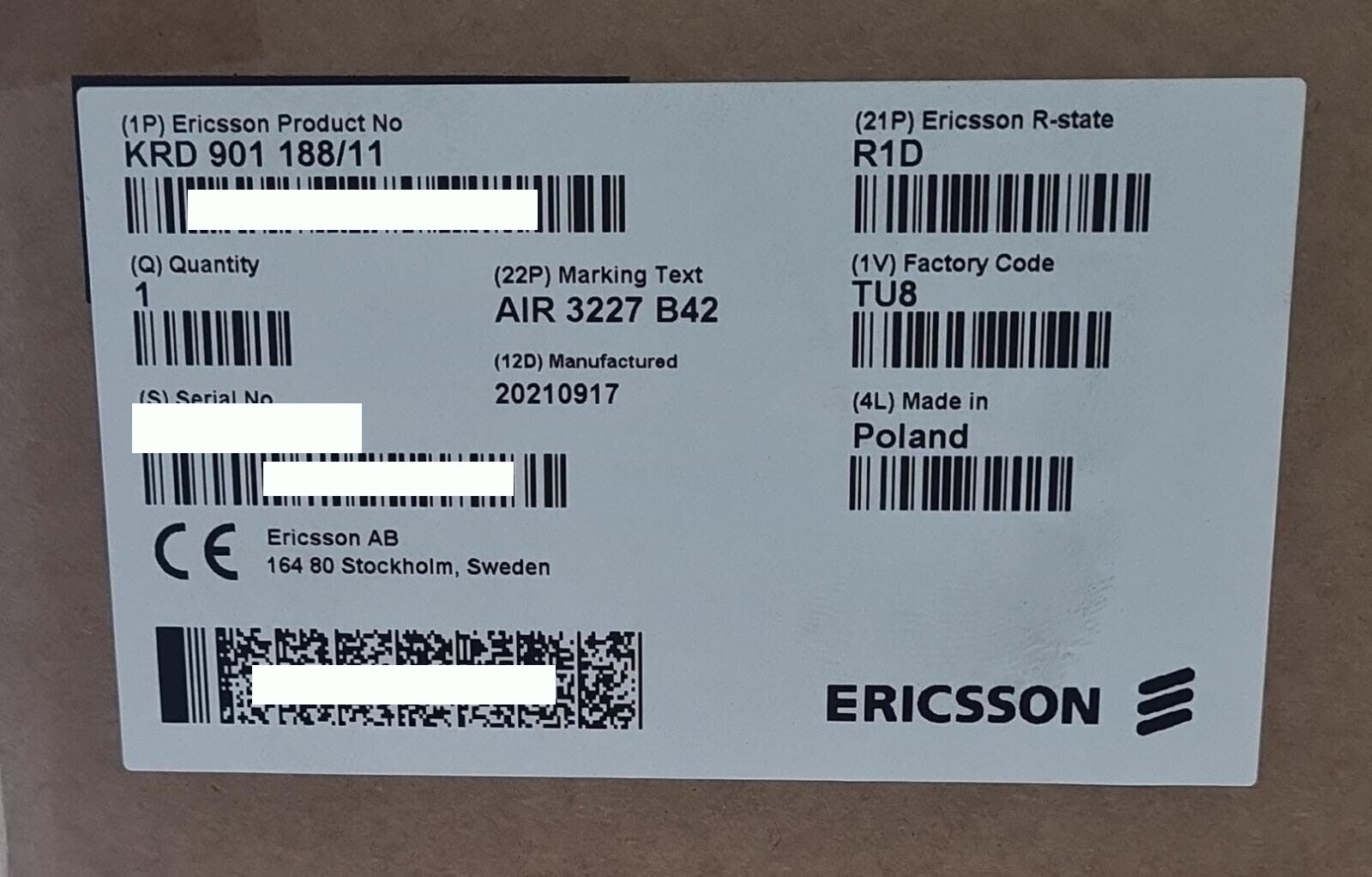 Ericsson MOBILE RADIO AIR 3227 B42 KRD 901 188/11 Remote Head Unit RRUS ...